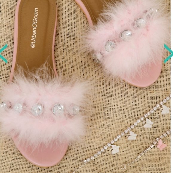 Shoes | Lemonade Jewel Banded Feathered Pink Slide Sandals | Poshmark